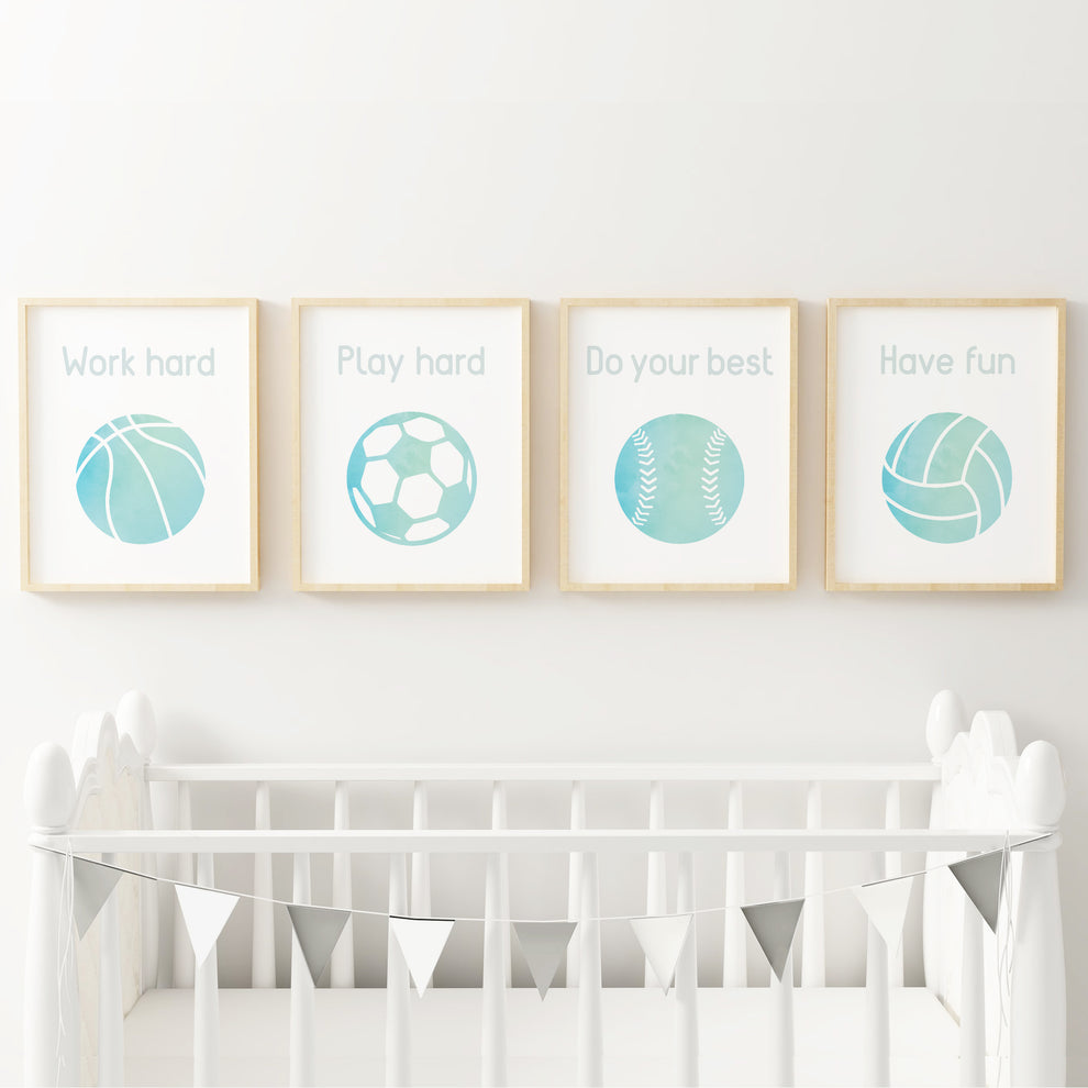 Sports themed wall decor for kids, Turquoise sports art prints ...