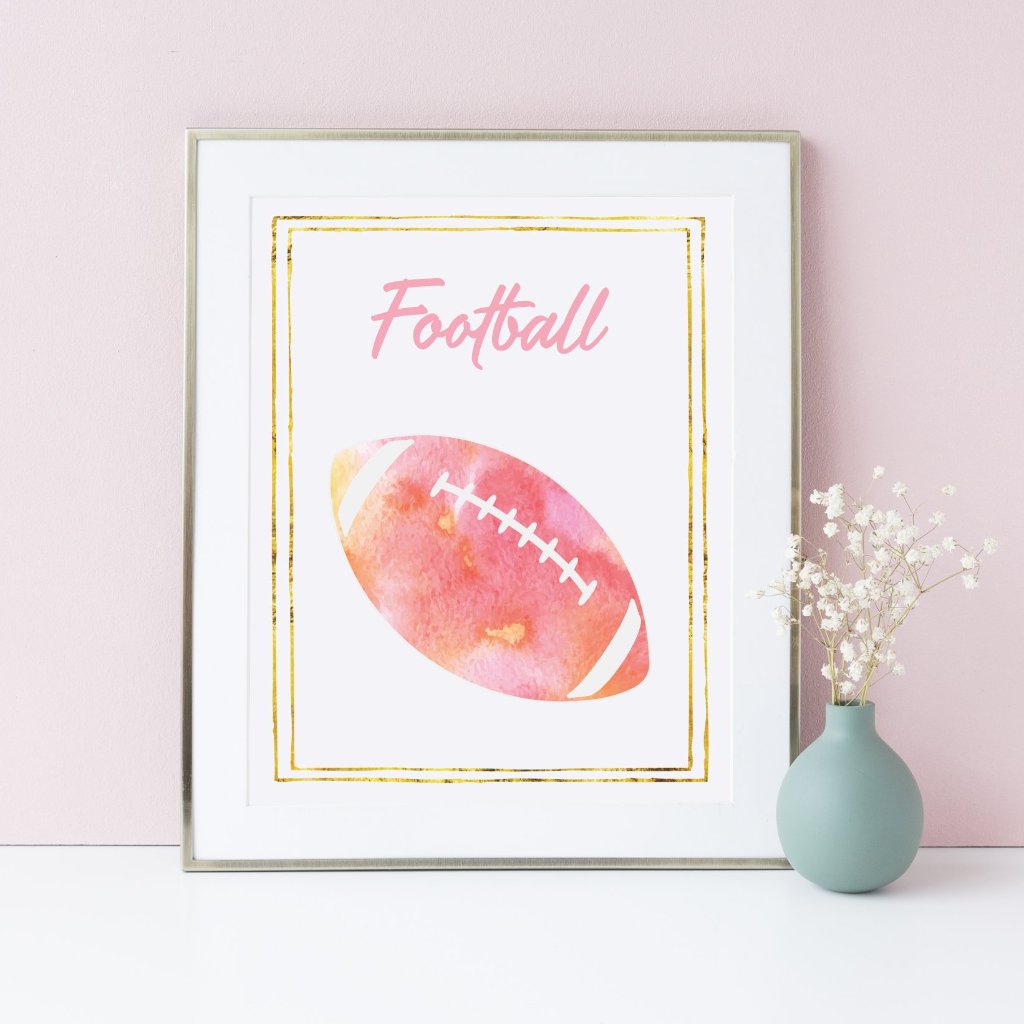 Pink football art print, Girls football gift, Football decorations for ...